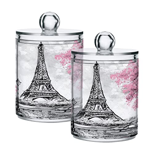 Nander 2Pack Qtip Holder Dispenser -Pink Paris Tower Clear Plastic Apothecary Jars Set - Restroom Bathroom Makeup Organizers Containers for Cotton Swab, Ball, Pads, Floss