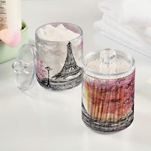 Nander 2Pack Qtip Holder Dispenser -Pink Paris Tower Clear Plastic Apothecary Jars Set - Restroom Bathroom Makeup Organizers Containers for Cotton Swab, Ball, Pads, Floss