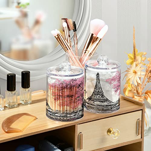 Nander 2Pack Qtip Holder Dispenser -Pink Paris Tower Clear Plastic Apothecary Jars Set - Restroom Bathroom Makeup Organizers Containers for Cotton Swab, Ball, Pads, Floss