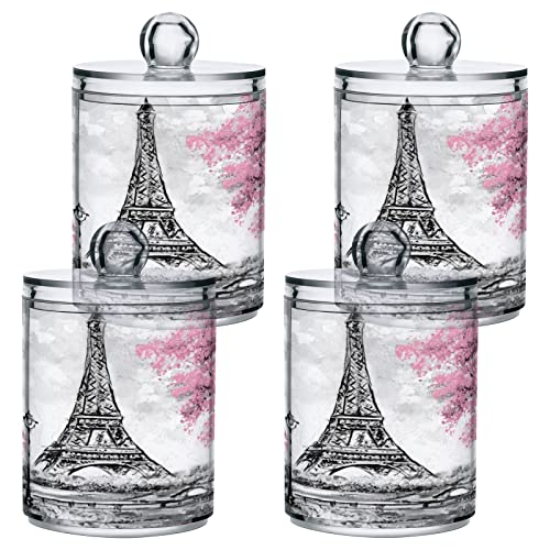 Nander 2Pack Qtip Holder Dispenser -Pink Paris Tower Clear Plastic Apothecary Jars Set - Restroom Bathroom Makeup Organizers Containers for Cotton Swab, Ball, Pads, Floss