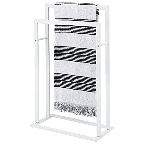 mDesign Metal Tall 2-Tier Free-Standing Towel Rack Holder for Bathroom Storage and Organization, Floor Stand Holds Bath, Hand Towels; Great for Guest, Half, Kids' Bathrooms - Matte White