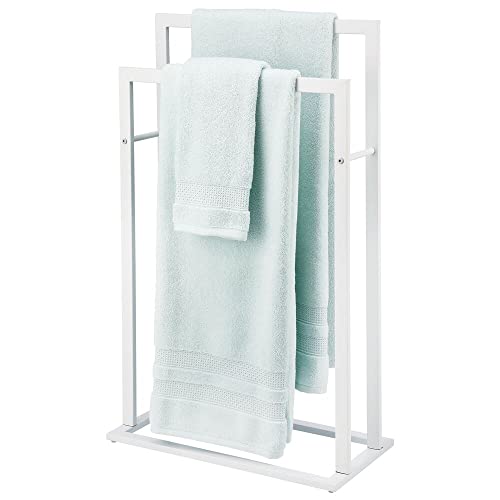 mDesign Metal Tall 2-Tier Free-Standing Towel Rack Holder for Bathroom Storage and Organization, Floor Stand Holds Bath, Hand Towels; Great for Guest, Half, Kids' Bathrooms - Matte White