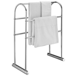 mygift 32 inch silver chrome plated metal freestanding bathroom towel holder stand with arched design with 2 tier bar, laundry room towel drying rack