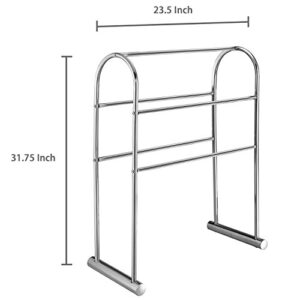 MyGift 32 Inch Silver Chrome Plated Metal Freestanding Bathroom Towel Holder Stand with Arched Design with 2 Tier Bar, Laundry Room Towel Drying Rack