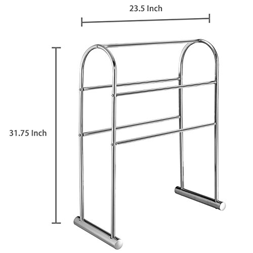 MyGift 32 Inch Silver Chrome Plated Metal Freestanding Bathroom Towel Holder Stand with Arched Design with 2 Tier Bar, Laundry Room Towel Drying Rack