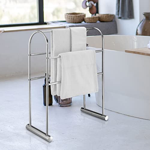 MyGift 32 Inch Silver Chrome Plated Metal Freestanding Bathroom Towel Holder Stand with Arched Design with 2 Tier Bar, Laundry Room Towel Drying Rack