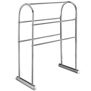 MyGift 32 Inch Silver Chrome Plated Metal Freestanding Bathroom Towel Holder Stand with Arched Design with 2 Tier Bar, Laundry Room Towel Drying Rack