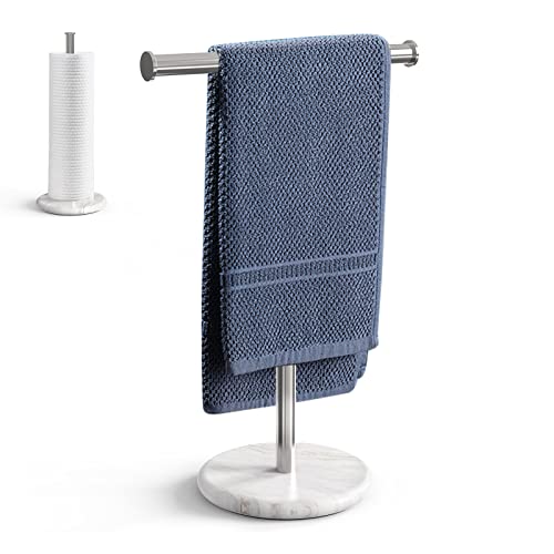 Luxspire Hand Towel Holder with Natural Marble Base, Countertop Paper Towel Stand, Stainless Steel Hand Towel Rack Toilet Paper Roll Holder, Towel Holder for Bathroom Vanity Countertop, T-Shape