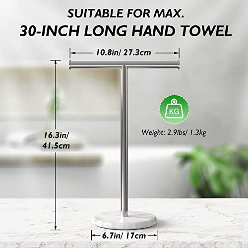 Luxspire Hand Towel Holder with Natural Marble Base, Countertop Paper Towel Stand, Stainless Steel Hand Towel Rack Toilet Paper Roll Holder, Towel Holder for Bathroom Vanity Countertop, T-Shape