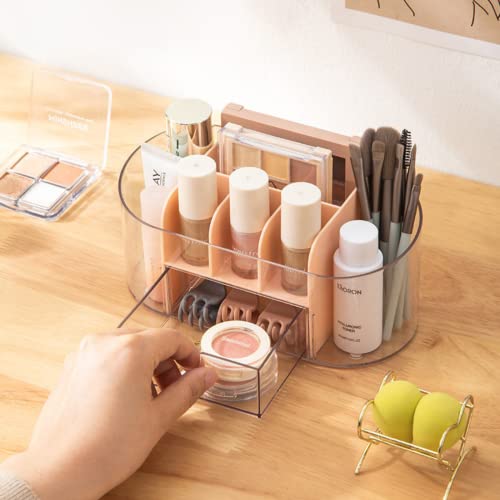 SUNFICON Makeup Organizer Holder Tray Cosmetic Display Case w Pink Drawer Tabletop Desktop Vanity Countertop Bathroom Wall Cabinet Medicine Storage Box Womens Ladies Girls