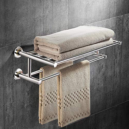 Tangkula Wall Mounted Bathroom Shelf with 2-Tier Bars, 24 Inch Stainless Steel Shelf, Polished Mirror Finish, Home Hotel Toilet Double Layer Bathroom Shelf