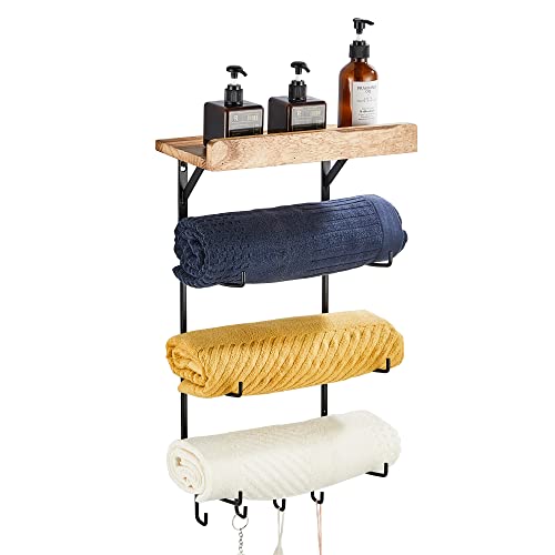 Towel Rack Wall Mounted for Bathroom, Metal Bath Towel Holder Storage Hand Towels w/Wood Shelf and 4 Hooks for Small Bathroom Organizer Decor or RV Camper, Black