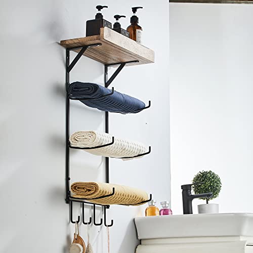 Towel Rack Wall Mounted for Bathroom, Metal Bath Towel Holder Storage Hand Towels w/Wood Shelf and 4 Hooks for Small Bathroom Organizer Decor or RV Camper, Black