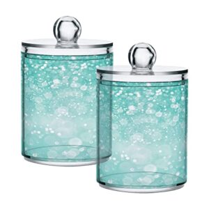 turquoise aqua glitter qtip holder dispenser teal cyan water bathroom canister storage organization 4 pack clear plastic apothecary jars with lids vanity makeup organizer for cotton ball swab floss