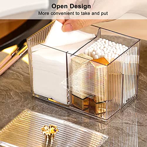 SHAIDOJIO Qtip Holder, Cotton Swabs Holder, Clear Modern Bathroom Organizer, Apothecary Jars with Lids, 3 Grids Separate Vanity Storage Jars for Cotton Ball, Swabs, Floss, Makeup Sponges(Style A)