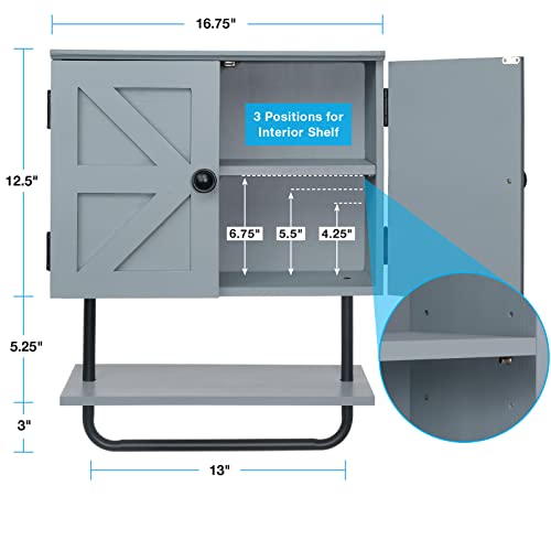 EXCELLO GLOBAL PRODUCTS 17x21” Barndoor Bathroom Wall Cabinet, Space Saver Storage Cabinet Kitchen Medicine Cabinet with Adjustable Shelf and Towel Bar, Rustic Gray