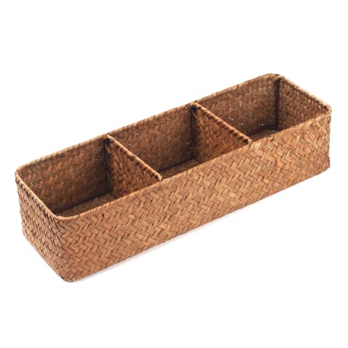 DOKOT Toilet Tank Basket,Toilet Paper Basket, Bathroom Baskets for Organizing , Toilet Basket Tank Topper,Seagrass Toilet Tank Basket with 3 Section, Woven Storage Basket for Kitchen,Toilet, Dresser