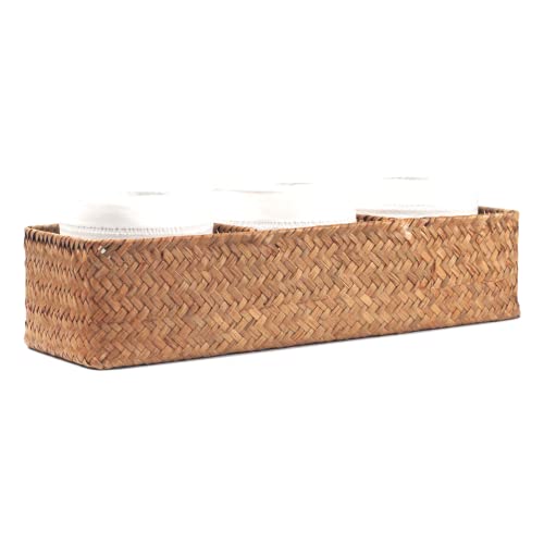 DOKOT Toilet Tank Basket,Toilet Paper Basket, Bathroom Baskets for Organizing , Toilet Basket Tank Topper,Seagrass Toilet Tank Basket with 3 Section, Woven Storage Basket for Kitchen,Toilet, Dresser