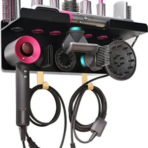 2in1 Wall Mount Holder for Dyson Airwrap Styler & Dyson Hair Dryer, Nail-Free or Perforat to Install, Organizer Storage Rack with Hooks Steel Rings for Curling Barrels Brushes