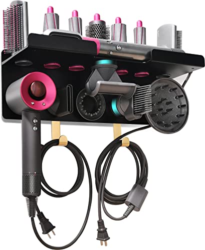 2in1 Wall Mount Holder for Dyson Airwrap Styler & Dyson Hair Dryer, Nail-Free or Perforat to Install, Organizer Storage Rack with Hooks Steel Rings for Curling Barrels Brushes