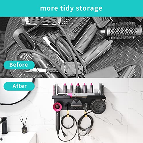 2in1 Wall Mount Holder for Dyson Airwrap Styler & Dyson Hair Dryer, Nail-Free or Perforat to Install, Organizer Storage Rack with Hooks Steel Rings for Curling Barrels Brushes