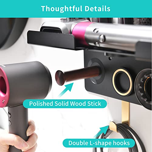 2in1 Wall Mount Holder for Dyson Airwrap Styler & Dyson Hair Dryer, Nail-Free or Perforat to Install, Organizer Storage Rack with Hooks Steel Rings for Curling Barrels Brushes