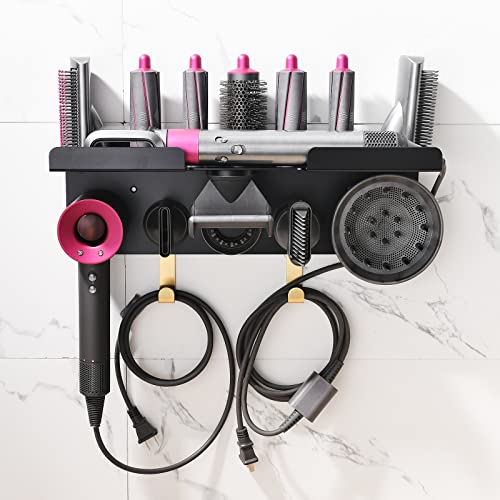 2in1 Wall Mount Holder for Dyson Airwrap Styler & Dyson Hair Dryer, Nail-Free or Perforat to Install, Organizer Storage Rack with Hooks Steel Rings for Curling Barrels Brushes