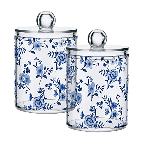 Kigai Cotton Swabs Organizer Blue Wildflowers Qtip Holder Dispenser with Lid Apothecary Jar Set 2PCS Reusable Clear Plastic Cans for Dry Food