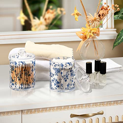 Kigai Cotton Swabs Organizer Blue Wildflowers Qtip Holder Dispenser with Lid Apothecary Jar Set 2PCS Reusable Clear Plastic Cans for Dry Food