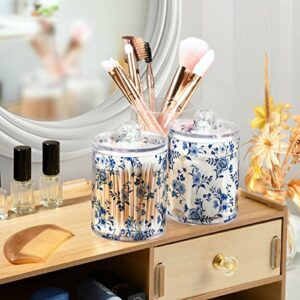 Kigai Cotton Swabs Organizer Blue Wildflowers Qtip Holder Dispenser with Lid Apothecary Jar Set 2PCS Reusable Clear Plastic Cans for Dry Food