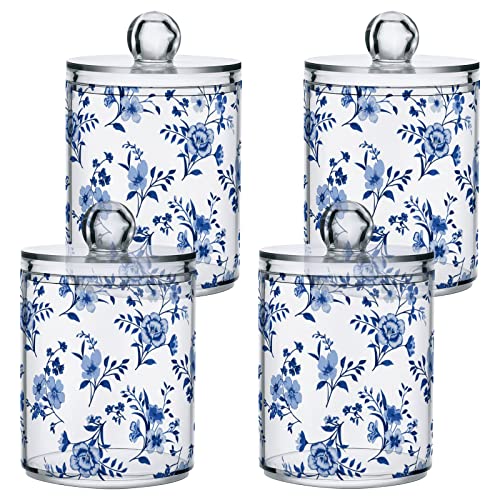 Kigai Cotton Swabs Organizer Blue Wildflowers Qtip Holder Dispenser with Lid Apothecary Jar Set 2PCS Reusable Clear Plastic Cans for Dry Food