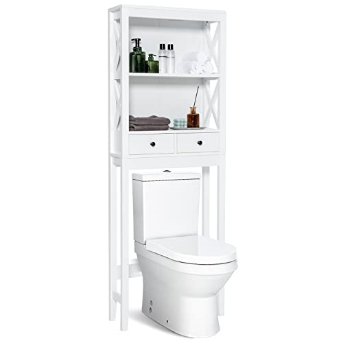 Tangkula Over The Toilet Storage Cabinet, 65” Over Toilet Bathroom Organizer with Adjustable Bottom Bar, 2 Open Shelves, 2 Drawers, Anti-tip Devices, Freestanding Above Toilet Storage Cabinet (White)