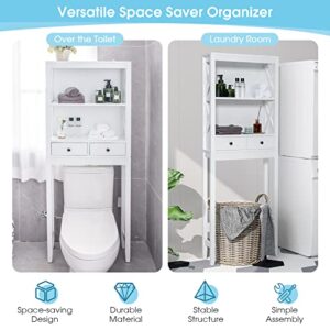 Tangkula Over The Toilet Storage Cabinet, 65” Over Toilet Bathroom Organizer with Adjustable Bottom Bar, 2 Open Shelves, 2 Drawers, Anti-tip Devices, Freestanding Above Toilet Storage Cabinet (White)