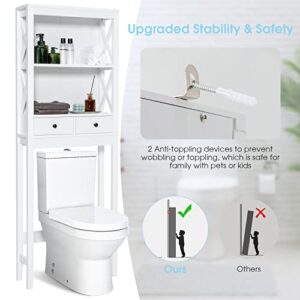 Tangkula Over The Toilet Storage Cabinet, 65” Over Toilet Bathroom Organizer with Adjustable Bottom Bar, 2 Open Shelves, 2 Drawers, Anti-tip Devices, Freestanding Above Toilet Storage Cabinet (White)