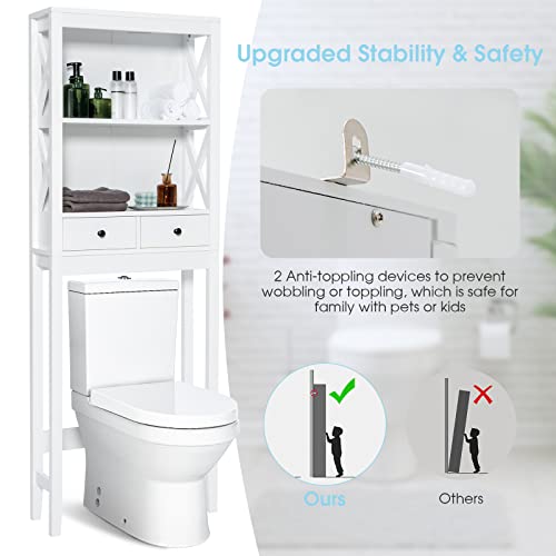 Tangkula Over The Toilet Storage Cabinet, 65” Over Toilet Bathroom Organizer with Adjustable Bottom Bar, 2 Open Shelves, 2 Drawers, Anti-tip Devices, Freestanding Above Toilet Storage Cabinet (White)