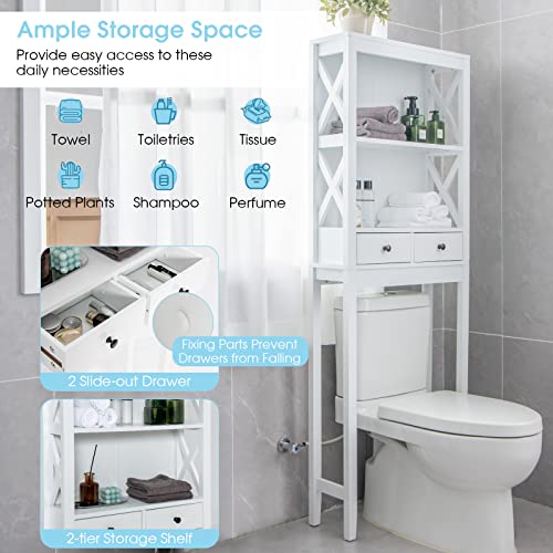 Tangkula Over The Toilet Storage Cabinet, 65” Over Toilet Bathroom Organizer with Adjustable Bottom Bar, 2 Open Shelves, 2 Drawers, Anti-tip Devices, Freestanding Above Toilet Storage Cabinet (White)