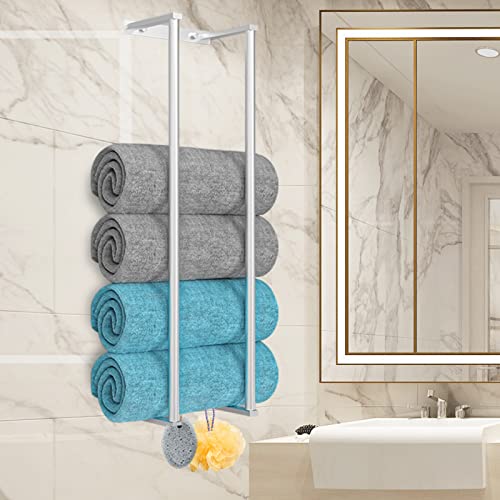 Towel Racks for Bathroom, Wall Mounted Stainless Steel Towel Storage Organizer with 2 Hooks, Bath Towel Holder, Wall Towel Rack for Rolled Towels, Washcloths Racks for Small Space Bathroom (Silver)