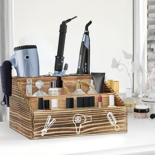 Rustic Hair Tool Organizer for Countertop, Wooden Hair Dryer and Styling Holder, Bathroom Countertop Blow Dryer Organizer, Wall Mounted Vanity Storage Stand for Accessories, Makeup, Toiletries