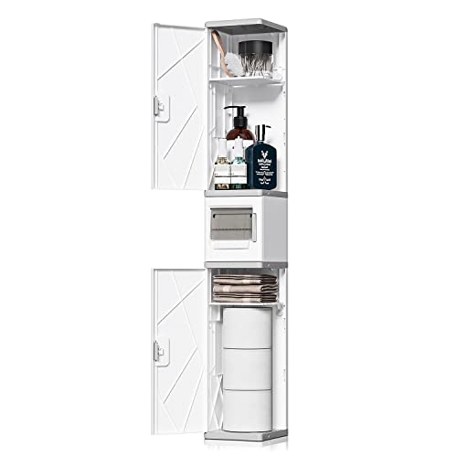 ESTHELLO Bathroom Storage Cabinet with Roll Toilet Paper Holder, Narrow Tall Cabinet Storage, Waterproof Coner Shelf, Compact Bathroom Storage Organizer for Small Bathroom (3 Layers)