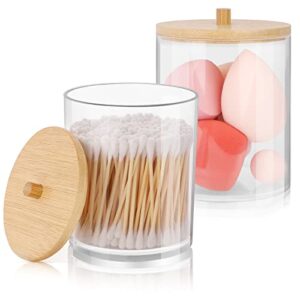 tcjj 2 pack 15 oz acrylic qtip holder dispenser bathroom jars with bamboo lids, cotton ball pad round swab holder for bathroom accessories storage organizer