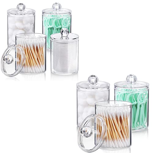 AOZITA 7 Pack Qtip Holder Dispenser for Cotton Ball, Cotton Swab, Cotton Round Pads, Floss - 10 oz Clear Plastic Apothecary Jar Set for Bathroom Canister Storage Organization, Vanity Makeup Organizer