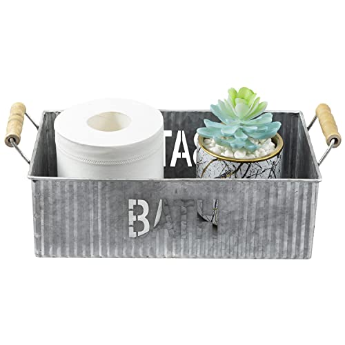 MyGift Currogated Galvanized Metal Rectangular Storage Basket with Wooden Handles, Bathroom Toiletries Holder, Organizer Bin with Bath Cutout Label