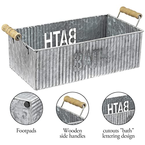 MyGift Currogated Galvanized Metal Rectangular Storage Basket with Wooden Handles, Bathroom Toiletries Holder, Organizer Bin with Bath Cutout Label