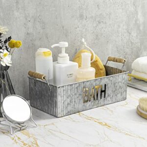 MyGift Currogated Galvanized Metal Rectangular Storage Basket with Wooden Handles, Bathroom Toiletries Holder, Organizer Bin with Bath Cutout Label