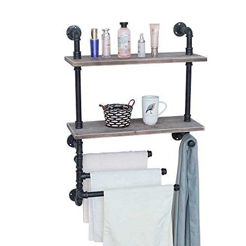 Industrial Towel Rack with 3 Towel Bar,24in Rustic Bathroom Shelves Wall Mounted,2 Tiered Farmhouse Pipe Shelving Wood Shelf,Metal Floating Shelves Towel Holder,Iron Distressed Shelf Over Toilet