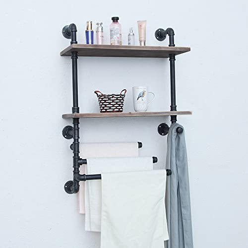 Industrial Towel Rack with 3 Towel Bar,24in Rustic Bathroom Shelves Wall Mounted,2 Tiered Farmhouse Pipe Shelving Wood Shelf,Metal Floating Shelves Towel Holder,Iron Distressed Shelf Over Toilet