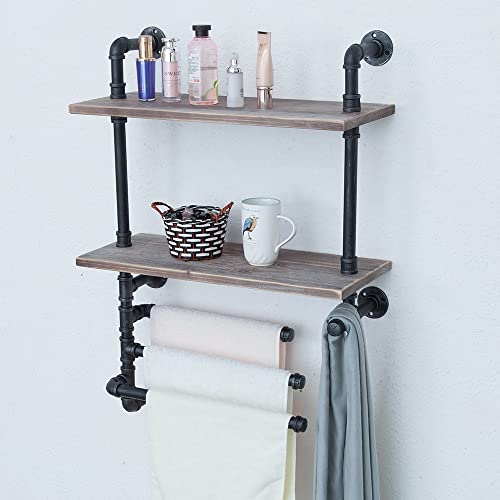 Industrial Towel Rack with 3 Towel Bar,24in Rustic Bathroom Shelves Wall Mounted,2 Tiered Farmhouse Pipe Shelving Wood Shelf,Metal Floating Shelves Towel Holder,Iron Distressed Shelf Over Toilet