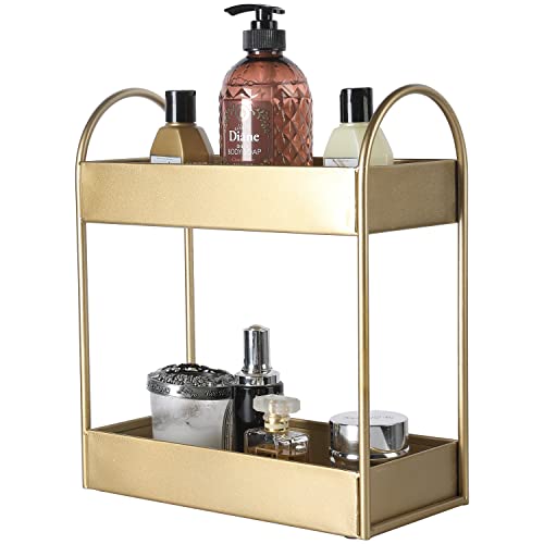 MyGift 2 Tier Gold Metal Bathroom Countertop Vanity Makeup Organizer Display Shelf with Decorative Handles, Cosmetic and Accessories Storage Rack