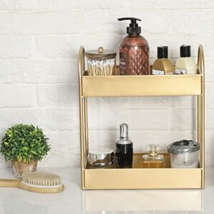 MyGift 2 Tier Gold Metal Bathroom Countertop Vanity Makeup Organizer Display Shelf with Decorative Handles, Cosmetic and Accessories Storage Rack