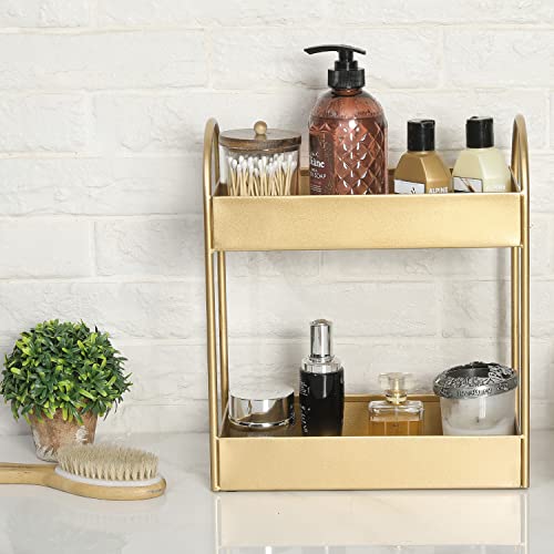 MyGift 2 Tier Gold Metal Bathroom Countertop Vanity Makeup Organizer Display Shelf with Decorative Handles, Cosmetic and Accessories Storage Rack